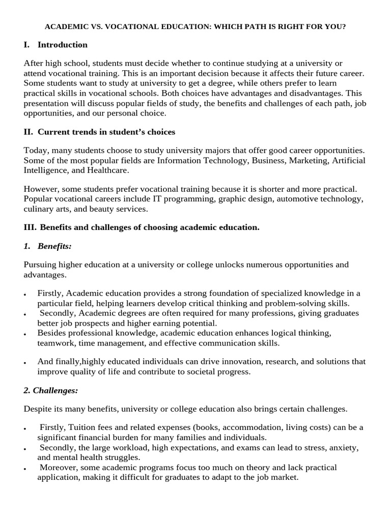 Academic vs. Vocational Education | PDF | Vocational Education | Cognition