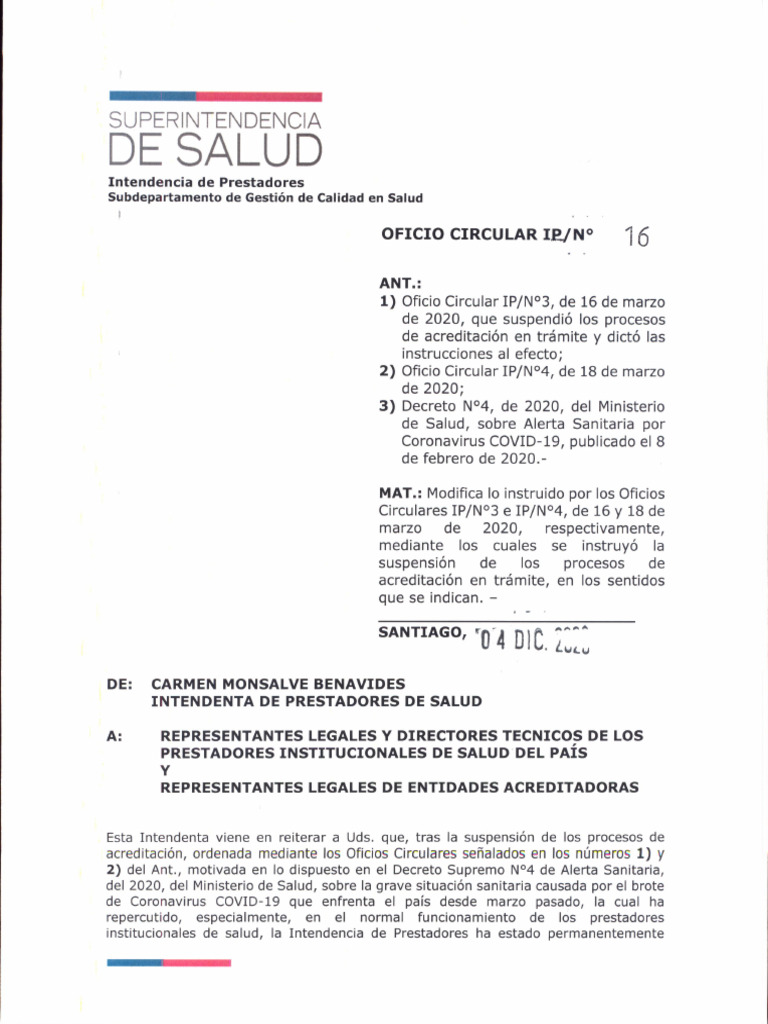 Oficio Circular Ip N 16 - 2020 - Modifica Lo Instruido Por Los Oficios Circulares Ip N°3 e Ip #4 ...