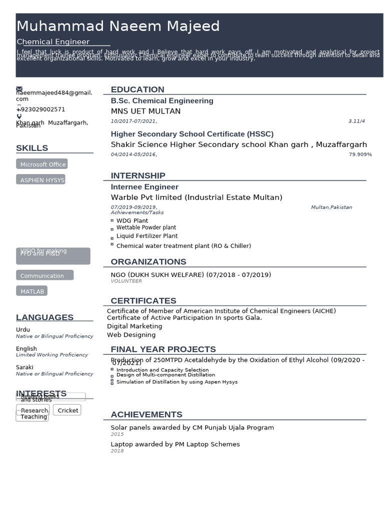 Chemical Engineer Resume Overview | PDF