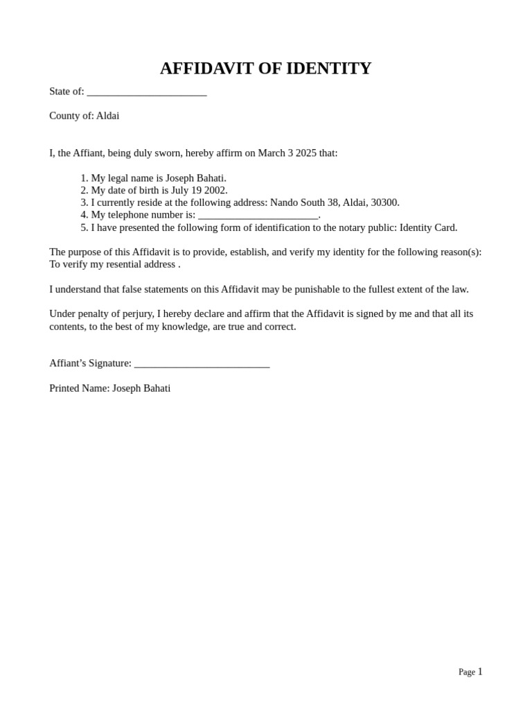 Affidavit of Identity Template | PDF