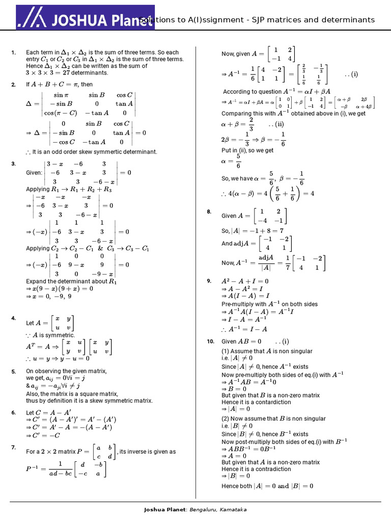A (I) Ssignment SJP Matrices and Determinants - 04-Aug-2024 - Solution | PDF | Operator Theory ...