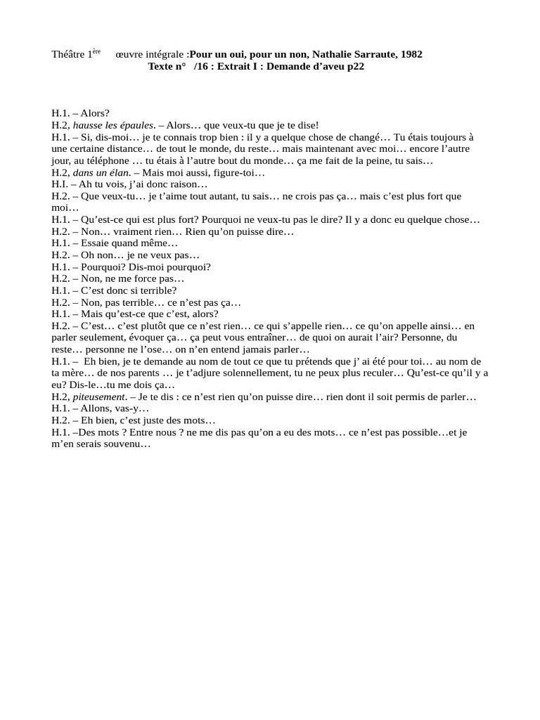 THEATRE Pour un oui ou pour un non , Extrait I | PDF | Syntaxe ...