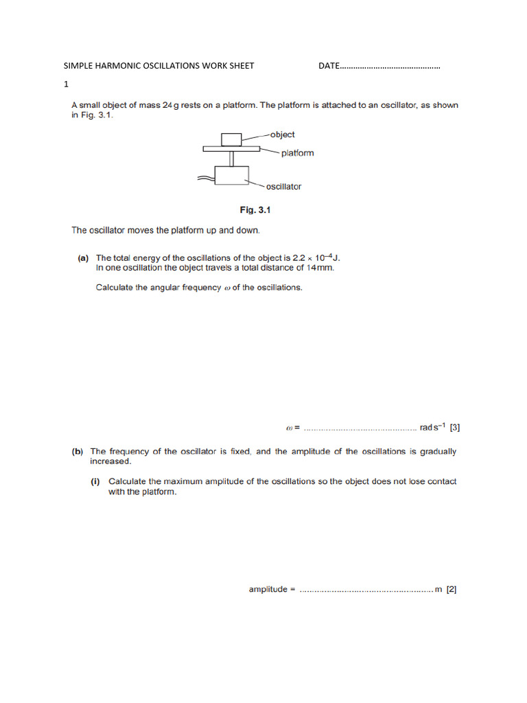 Simple Harmonic Oscillations Work Sheetdate | PDF