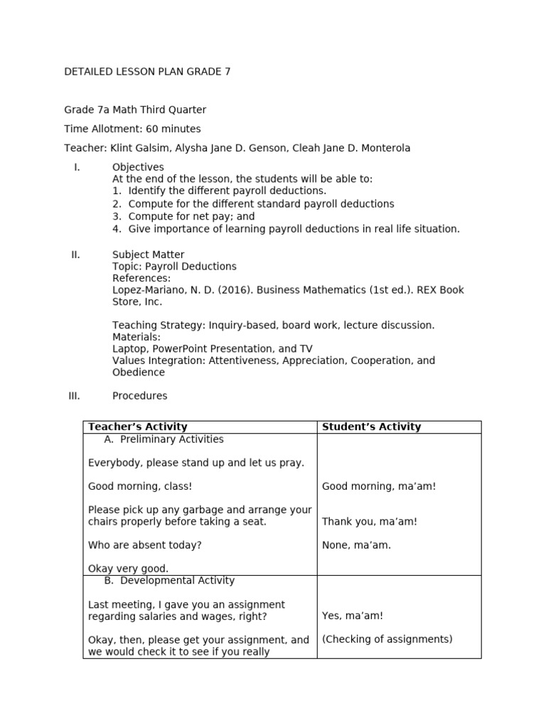 Grade 7 Lesson Plan on Payroll Deductions | PDF | Payroll Tax | Business