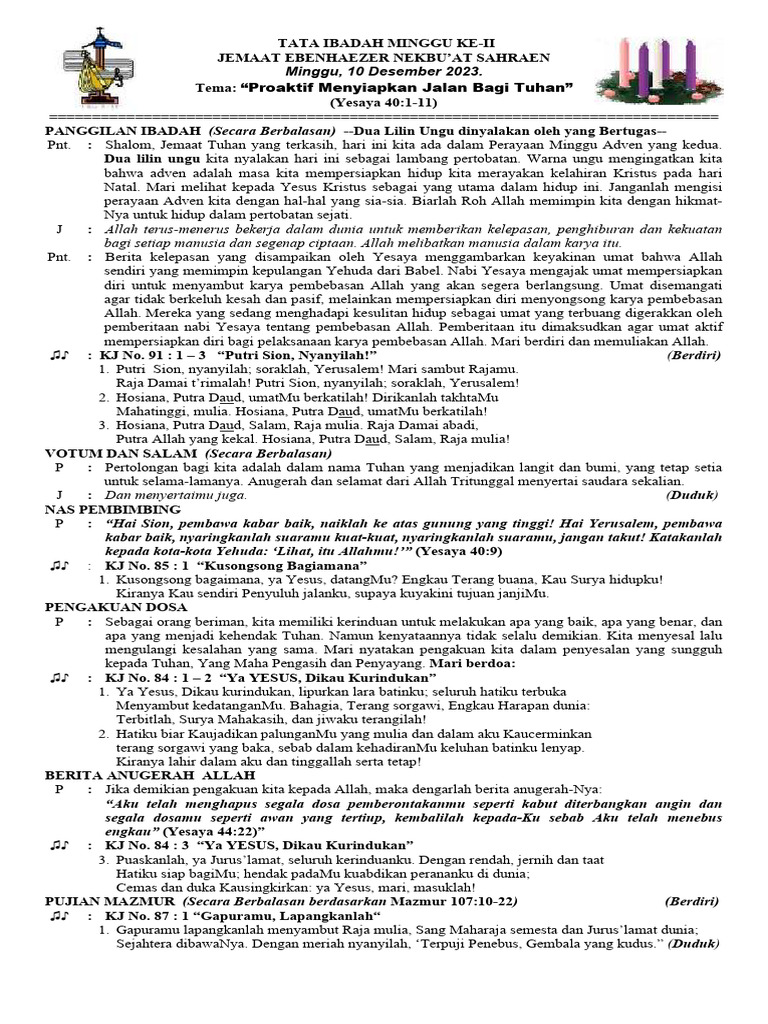 TATA IBADAH MINGGU ADVEN KE-II. Minggu, 10 Desember 2023. | PDF