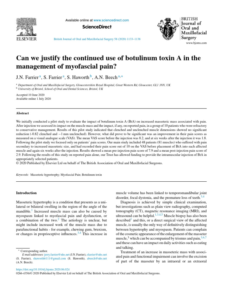 Can We Justify The Continued Use of Botulinum Toxin A in Themanagement of Myofascial Pain? | PDF ...