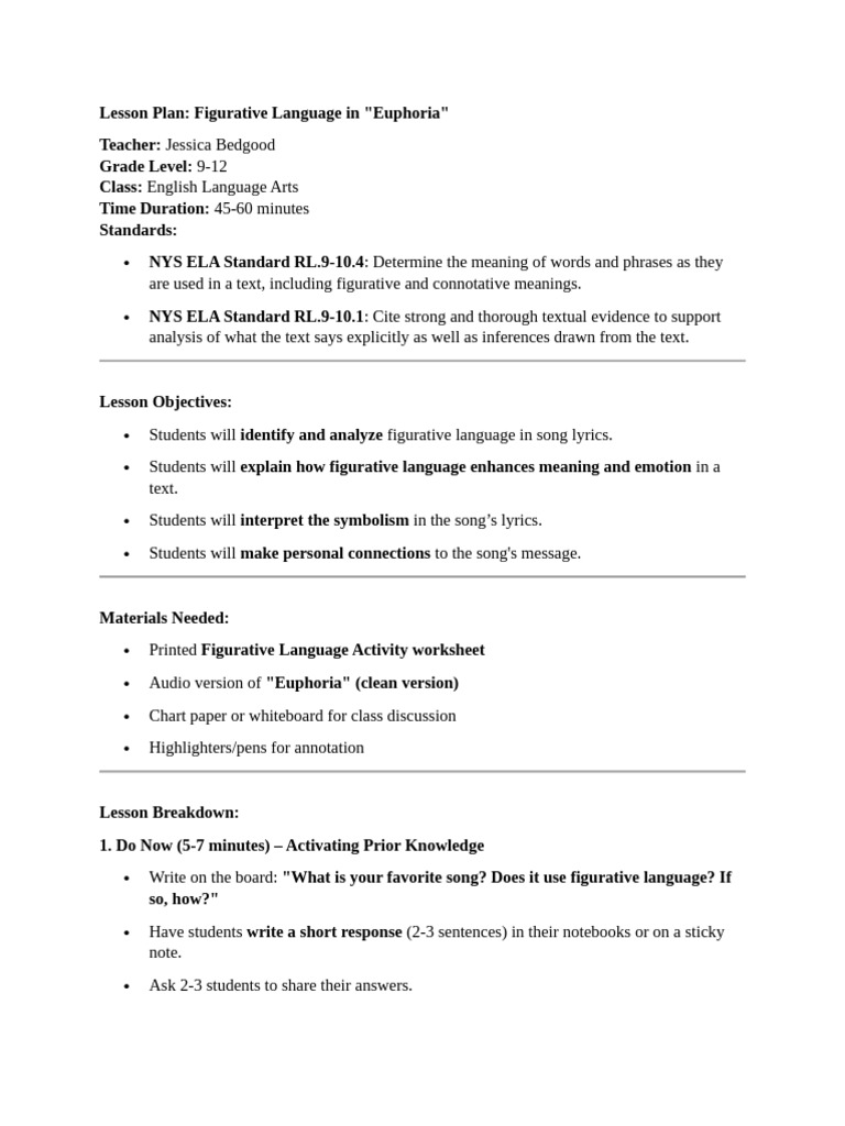 Figurative Language Euphoria LYRICS Lesson Plan | PDF | Annotation ...