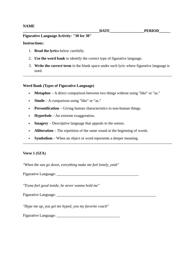 Figurative Language Activity 30 For 30 Lyrics WORKSHEET | PDF | Poetry