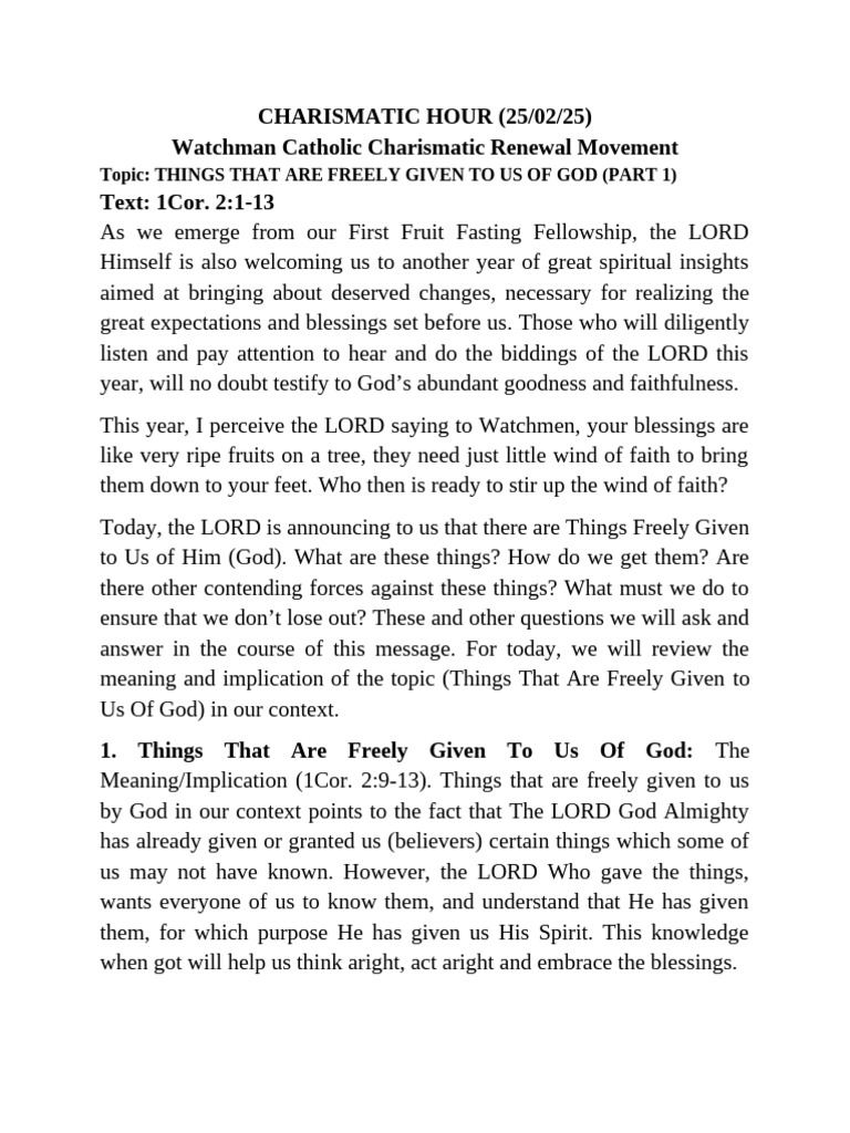 CH - Things That Are Freely Given To Us 25022025 | PDF | Theology ...