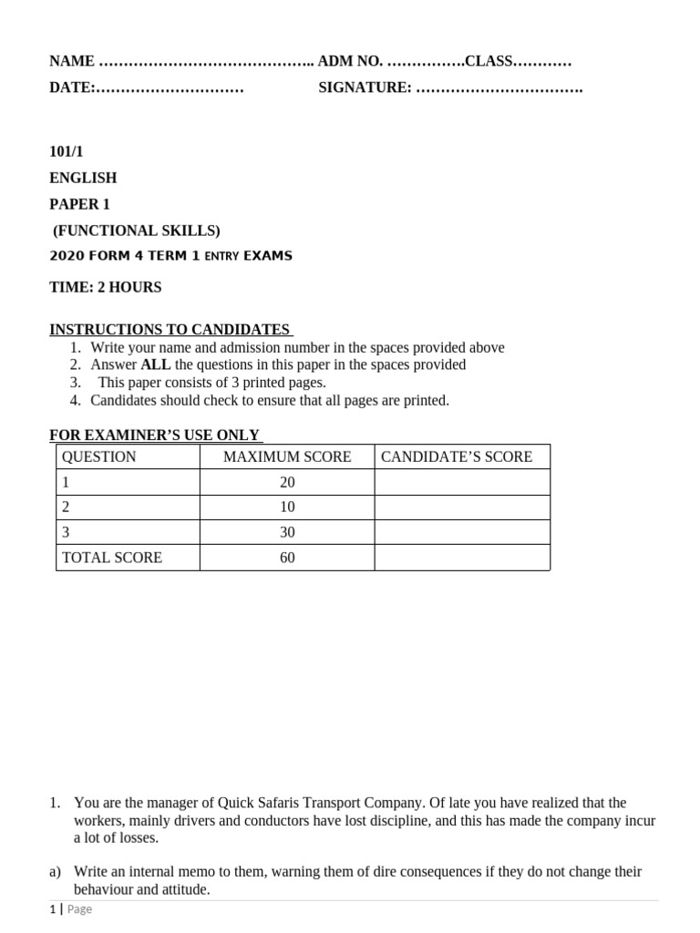 English Form 4 Opener PP1 Q | PDF
