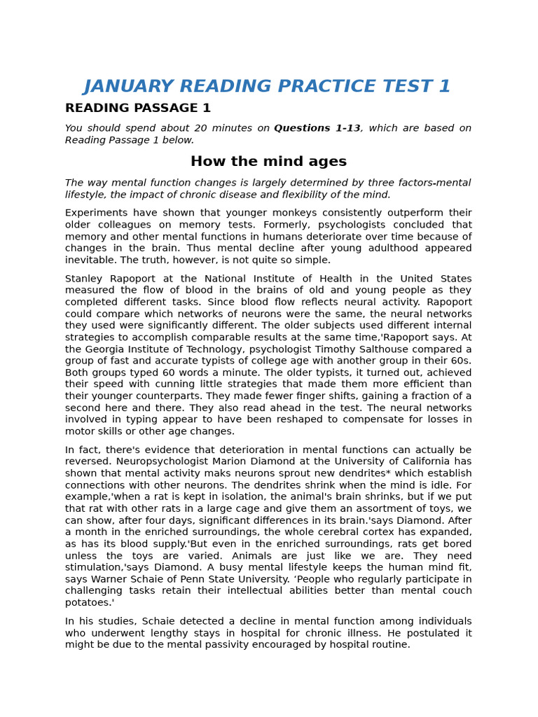January Reading Practice Test 1 | PDF | Memory | Knowledge