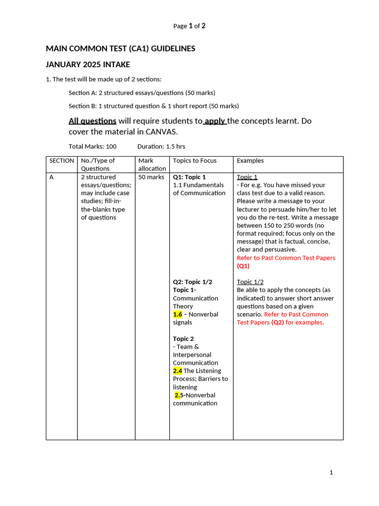 CA1 Test Guidelines for January 2025 | PDF | Communication | Human ...