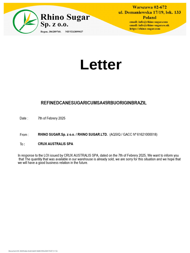 Response to LOI for Sugar Supply | PDF