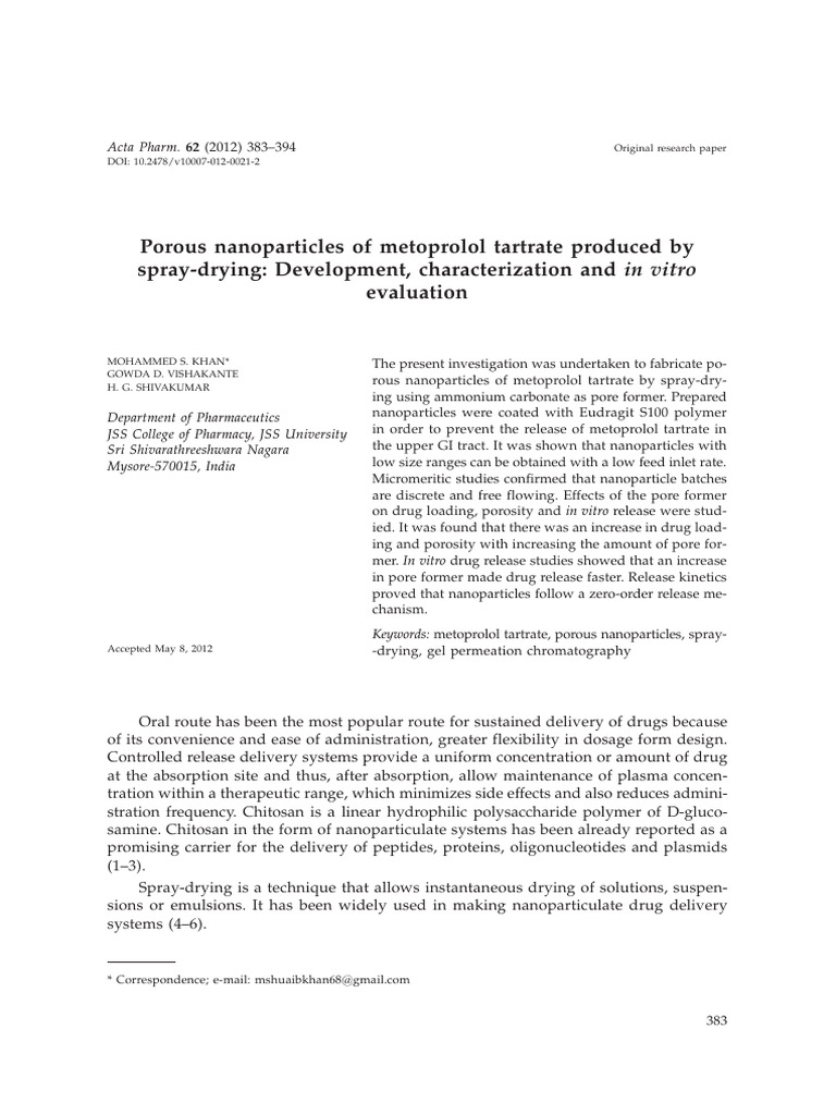 Porous Nanoparticles of Metoprolol Tartrate Produced by Spraydrying ...