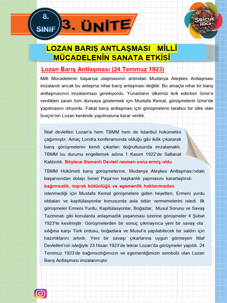 Sinif 2 - Lozan Bariş Antlaşmasi - Mi̇lli̇ Mücadeleni̇n Sanata Etki̇si̇ Ders Notu | PDF