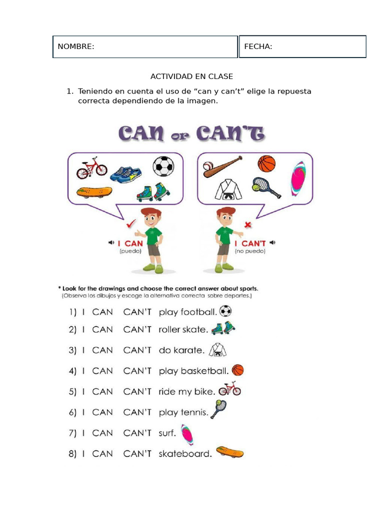 Ejercicios de "can" y "can't" | PDF