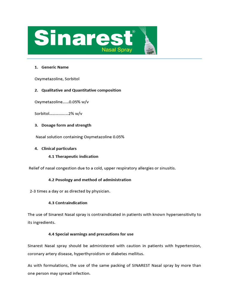Sinarest nasal spray | PDF | Drugs | Medical Specialties