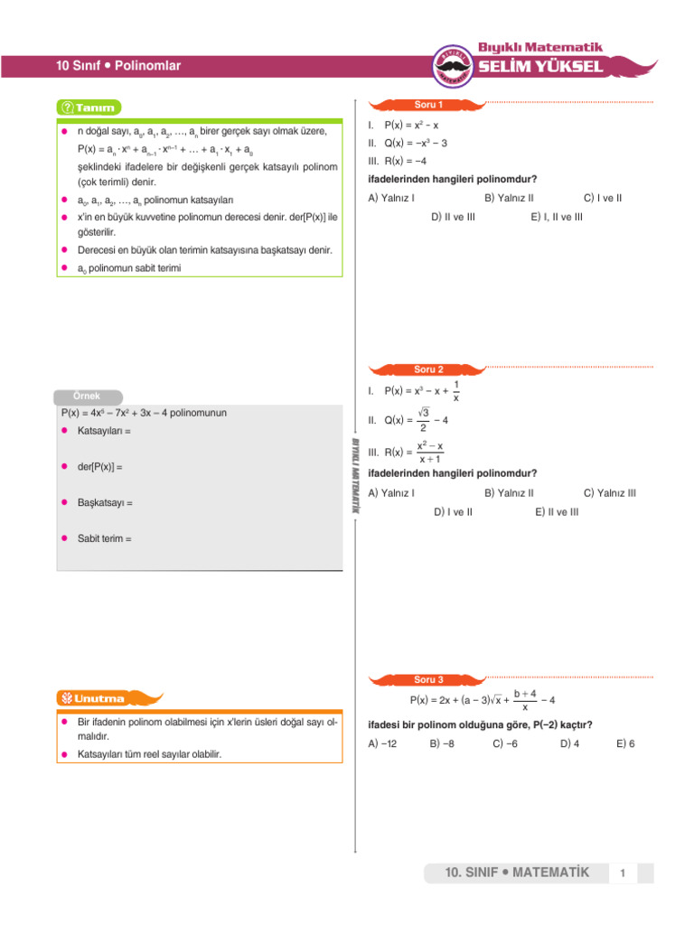 10. SINIF POLİNOMLAR (ücretsiz pdf) (1). | PDF