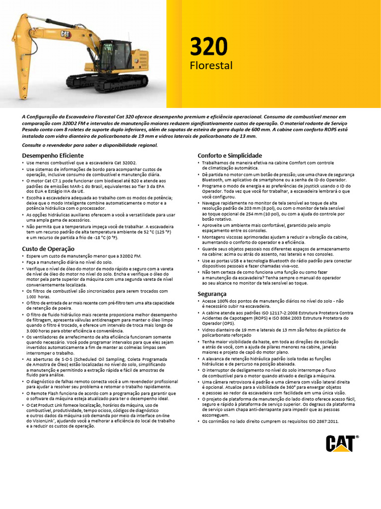 Especificações da Escavadeira Cat 320 | PDF | Motores | Biodiesel