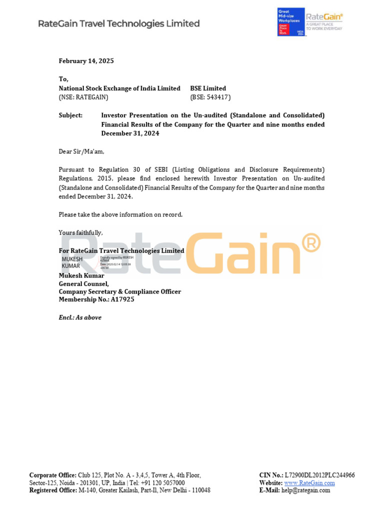 Rategain Travel Technologies Limited: Encl.: As Above | PDF | Revenue ...
