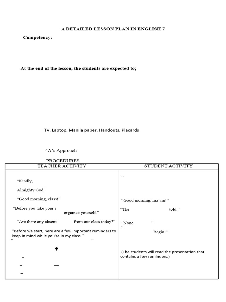 A Detailed Lesson Plan in English 7 | PDF | Lesson Plan | Teachers
