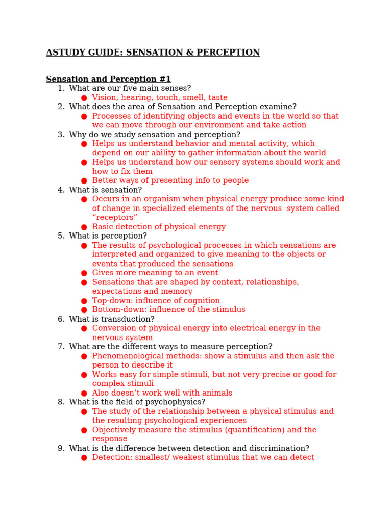 Sensation & Perception Study Guide | PDF | Senses | Perception