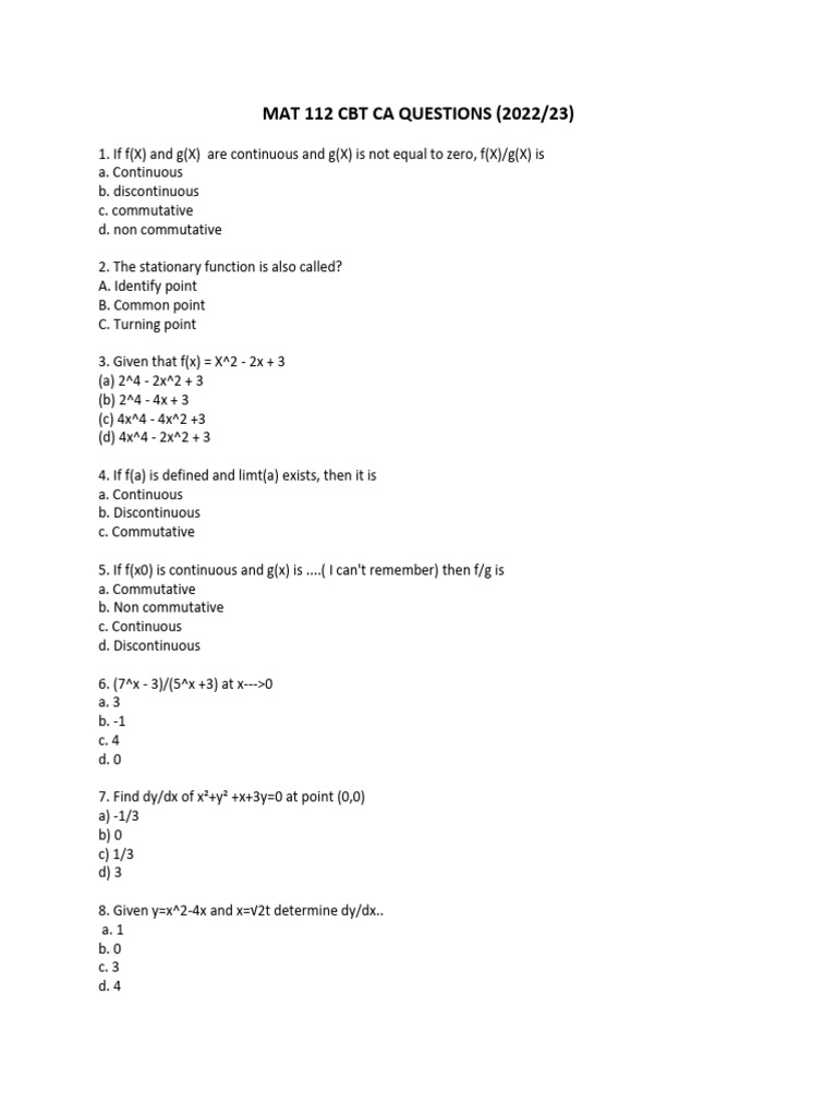 MAT 112 Calculus Test Questions | PDF | Function (Mathematics) | Analysis