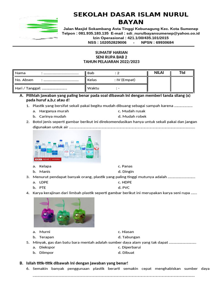 Sumatif Harian Seni Rupa Bab 2 Kelas 4a | PDF