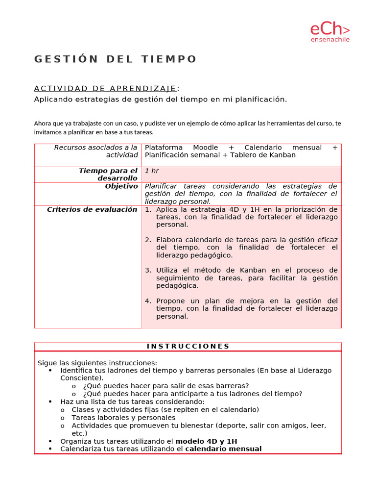 Instrucciones Actividad U2 | PDF | Gestión del tiempo | Habilidades profesionales