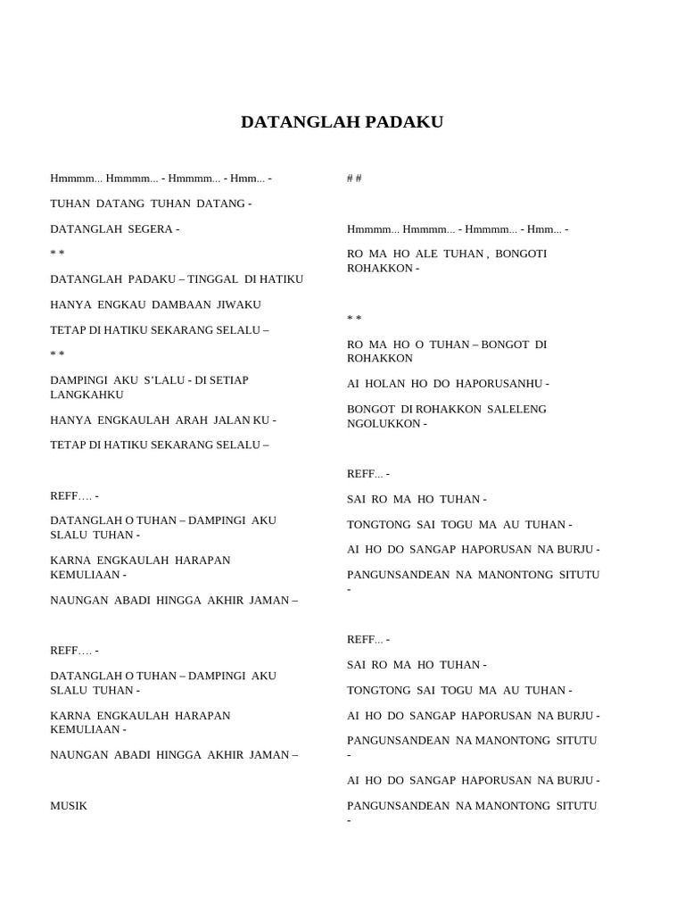 Lirik Lagu Rohani Datanglah Padaku | PDF