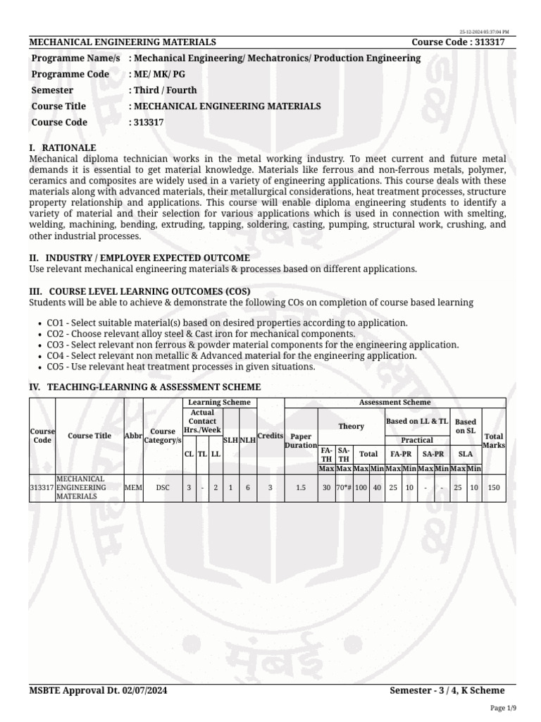 Mechanical Engineering Materials Syllabus | PDF | Heat Treating | Steel