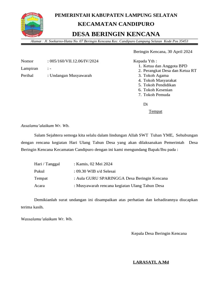 Undangan Musyawarah HUT DESA 2024 | PDF
