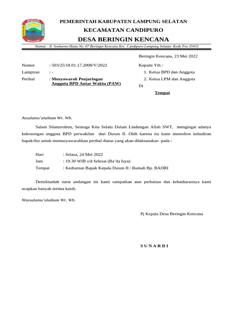 Undangan Musyawarah BPD PAW 2022 | PDF