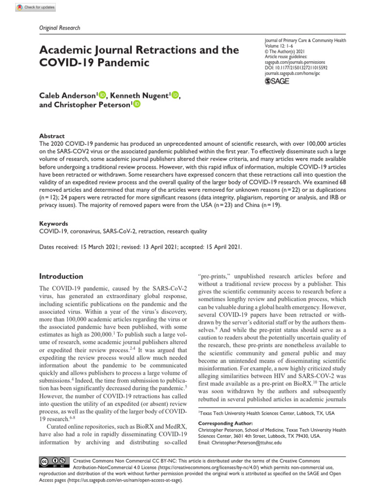 Anderson Et Al 2021 Academic Journal Retractions and The Covid 19 Pandemic | PDF