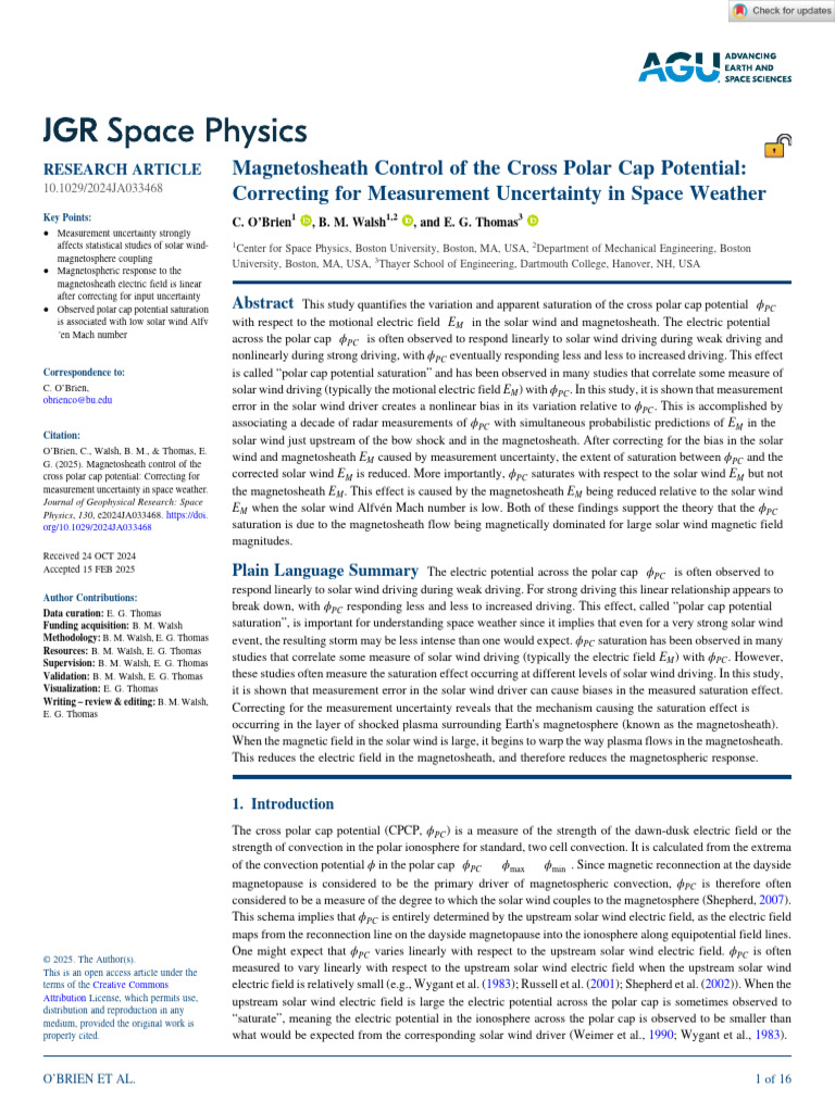 JGR Space Physics - 2025 - O'Brien - Magnetosheath Control of The Cross ...