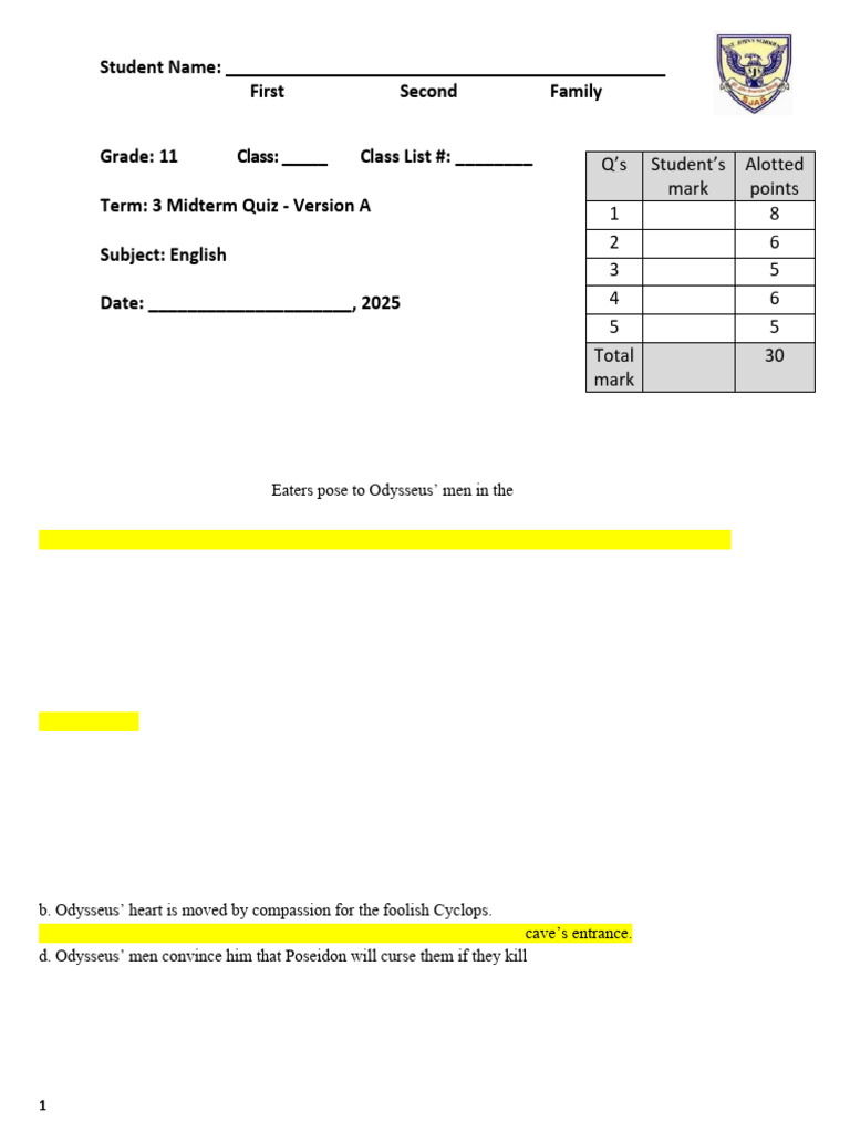 Odyssey Part 1 Midterm Quiz | PDF | Odyssey | Odysseus