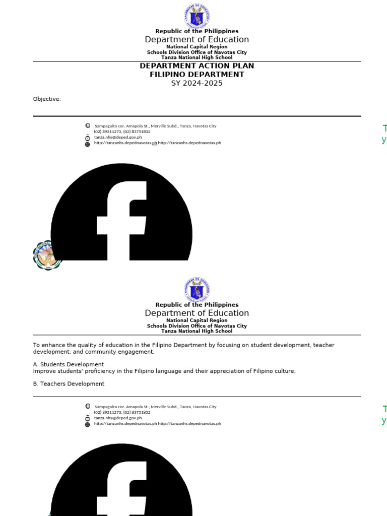 Department Action Plan Filipino Department SY 2024 2025 Sir Bart Tanza NHS | PDF | Teachers ...