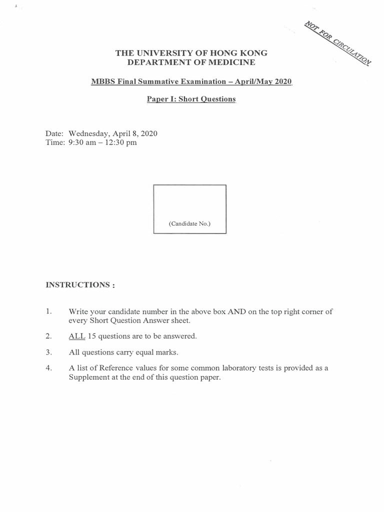MBBS Final Summative Examination April May2020 Paper I Short Questions ...