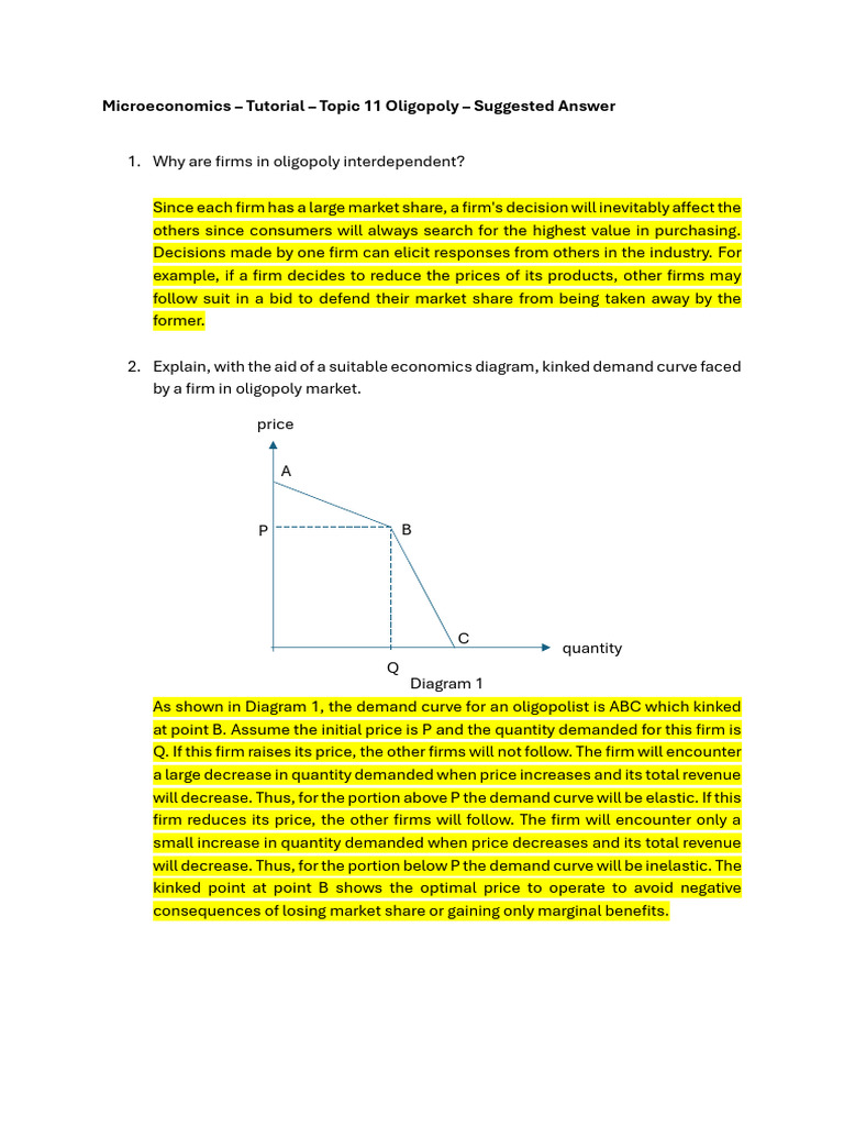 Tutorial - Topic 11 - Oligopoly - Suggested Answer | PDF | Demand ...