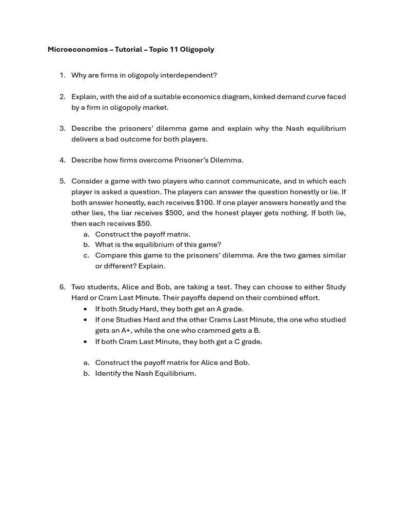 Tutorial - Topic 11 - Oligopoly | PDF