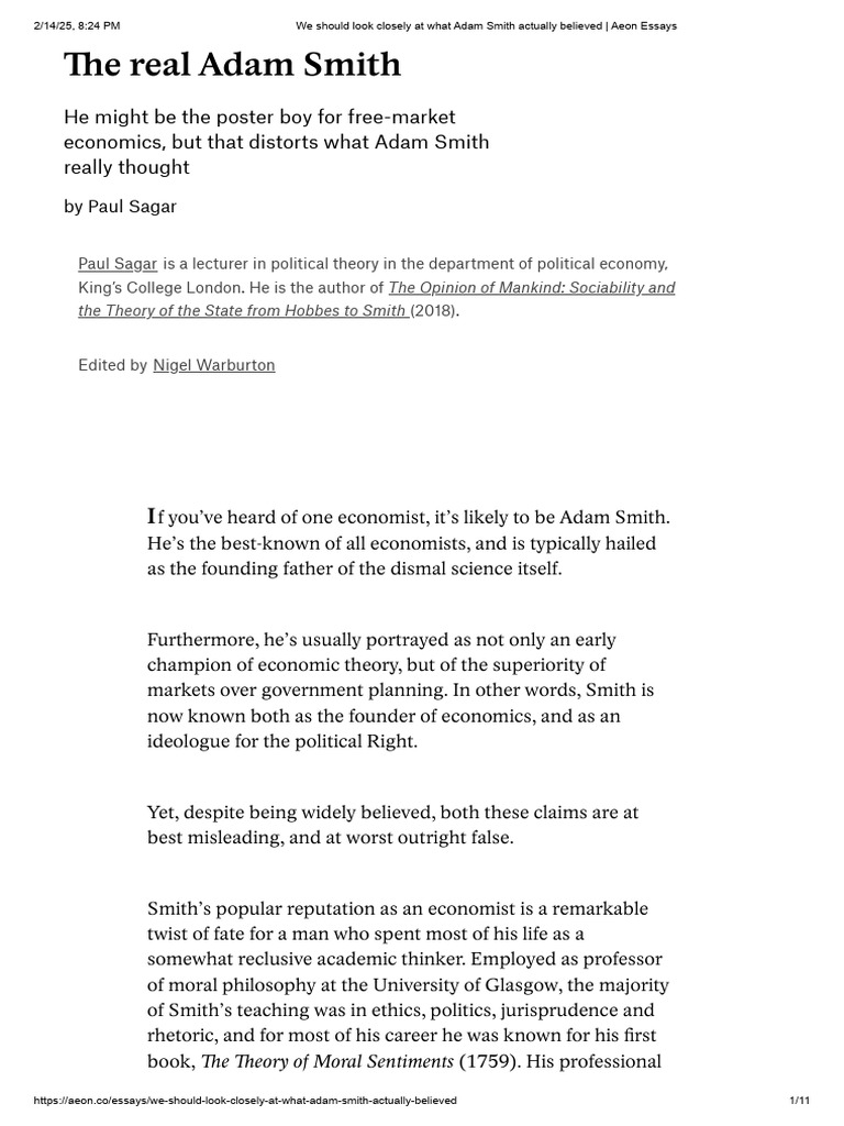 We Should Look Closely at What Adam Smith Actually Believed - Aeon Essays | PDF | Neoliberalism ...