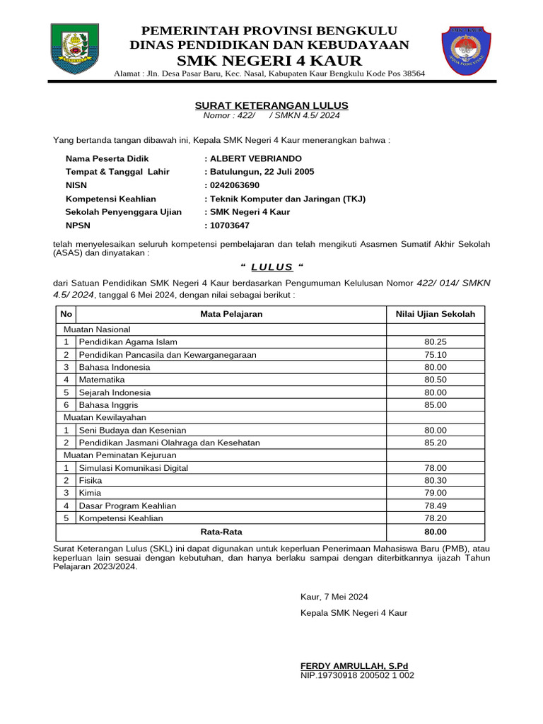 Surat Keterangan Lulus TKJ SMK 4 Kaur | PDF