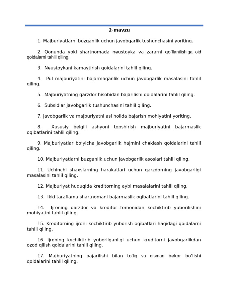 2-Mavzu Savollar (I Qism) | PDF