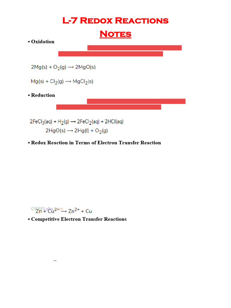 L-7 Redox Reactions School Notes | PDF | Redox | Electrochemistry