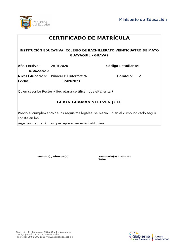 Certificado de Matrícula 2019-2020 | PDF