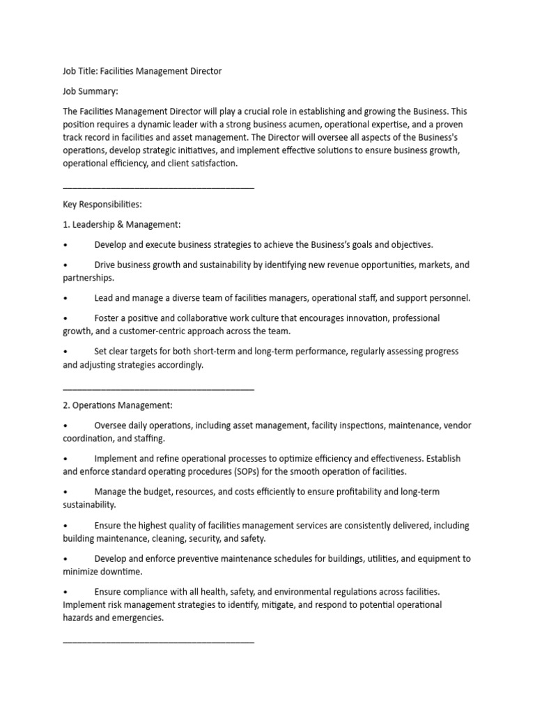 Job Description - Facilities Management Director | PDF | Business ...
