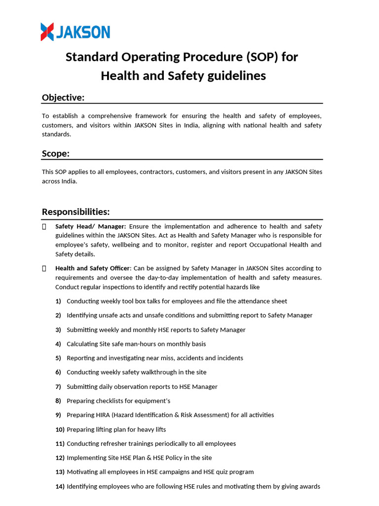 Standard Operating Procedure for Health and Safety Guidelines | PDF ...