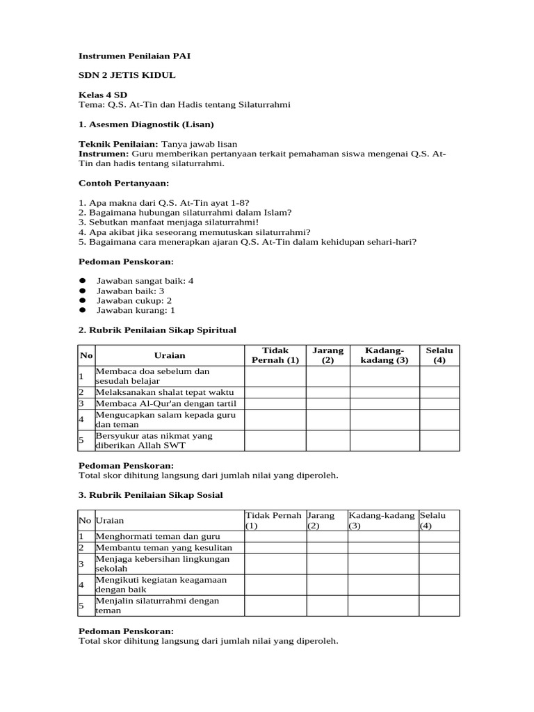 Instrumen Penilaian Pai SD Kelas 4 Q.S At-Thin Sem 2 2024 | PDF