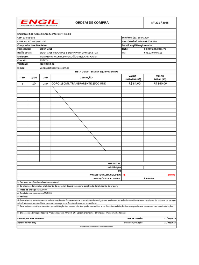Ordem de Compra 201-2025 Lider Vale | PDF