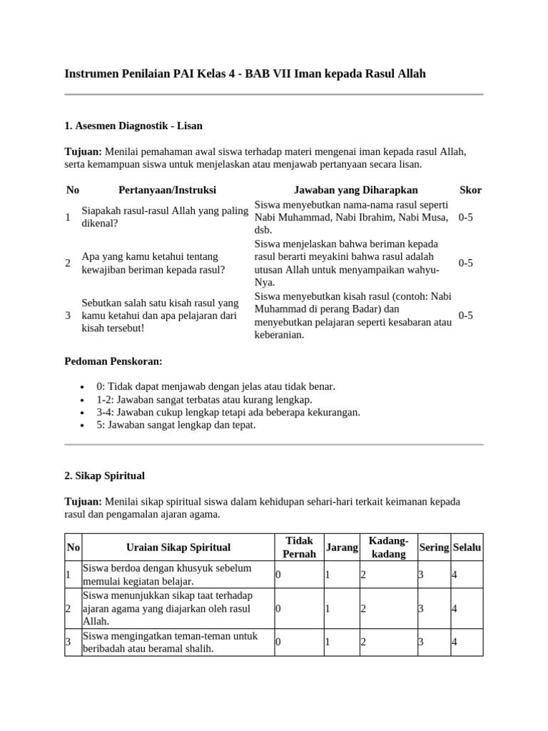 Instrumen Penilaian PAI Kelas 4 | PDF